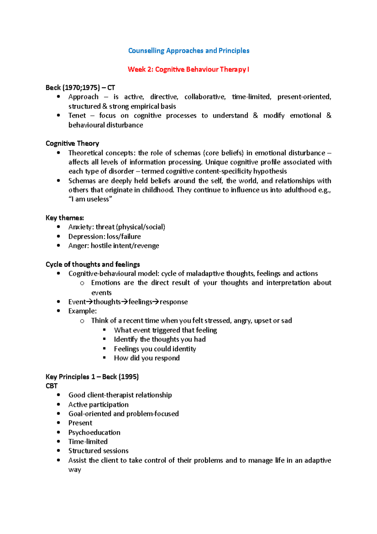 Counselling notes - Lecture 1-11 - Counselling Approaches and ...