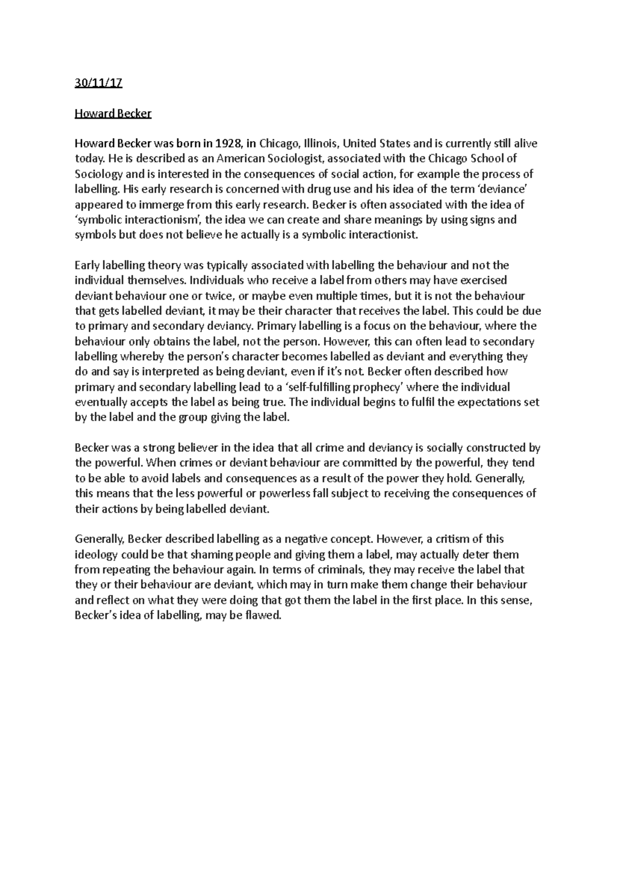 Howard Becker journal - 30/11/ Howard Becker Howard Becker was born in ...