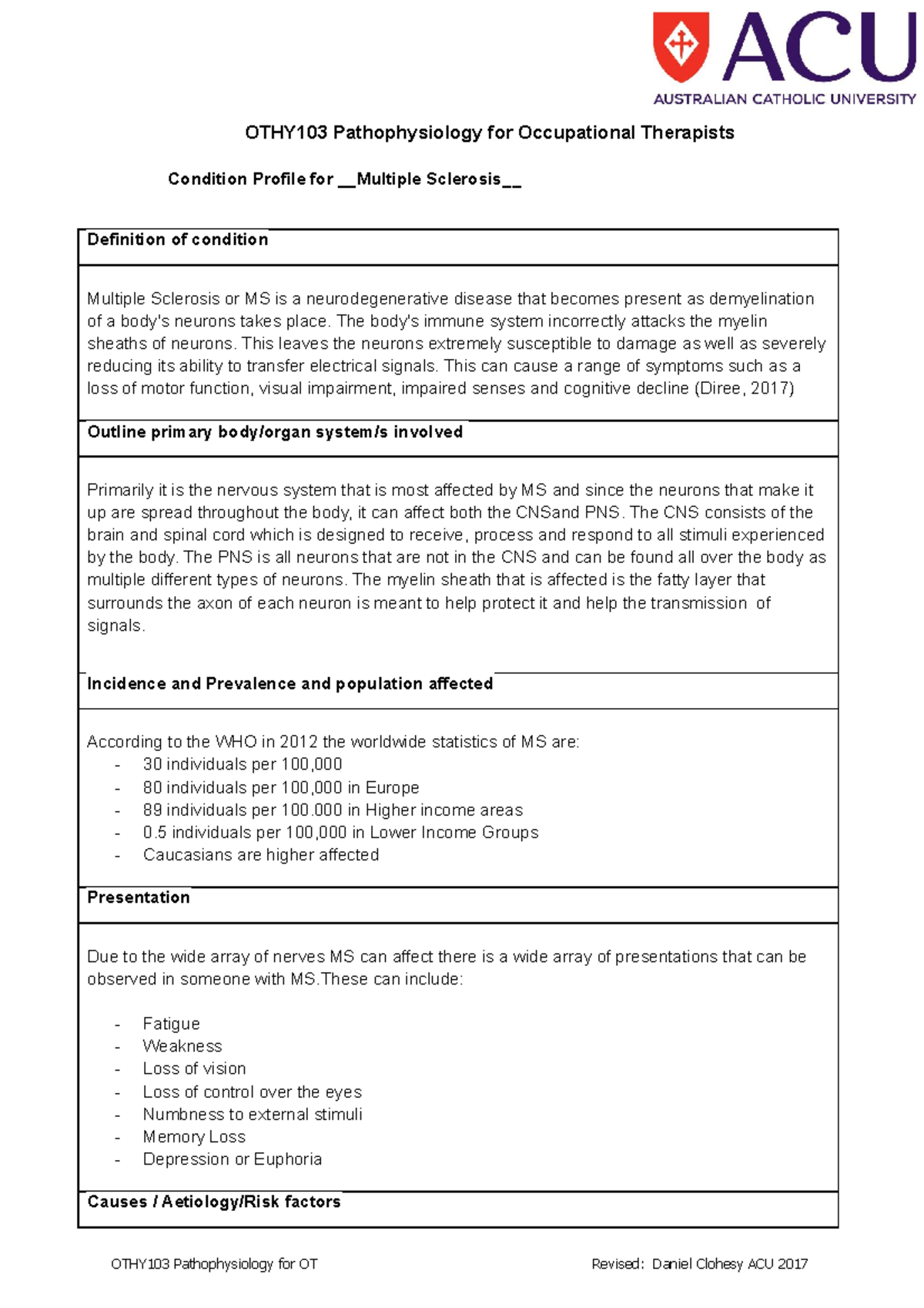 MS Condition Profile - OTHY103 Pathophysiology for Occupational ...
