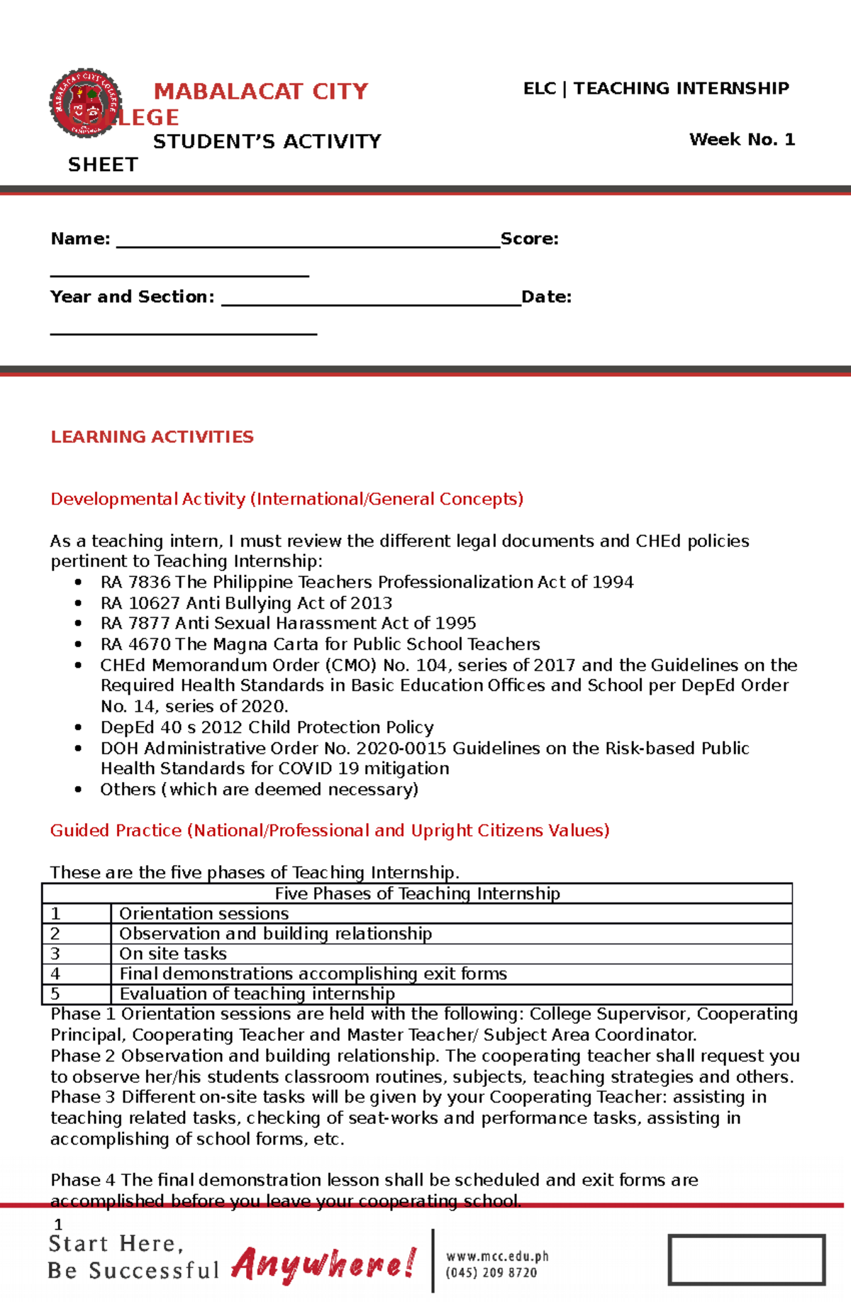 ELC Week 1 Student Activity Sheet - MABALACAT CITY COLLEGE STUDENT’S ...