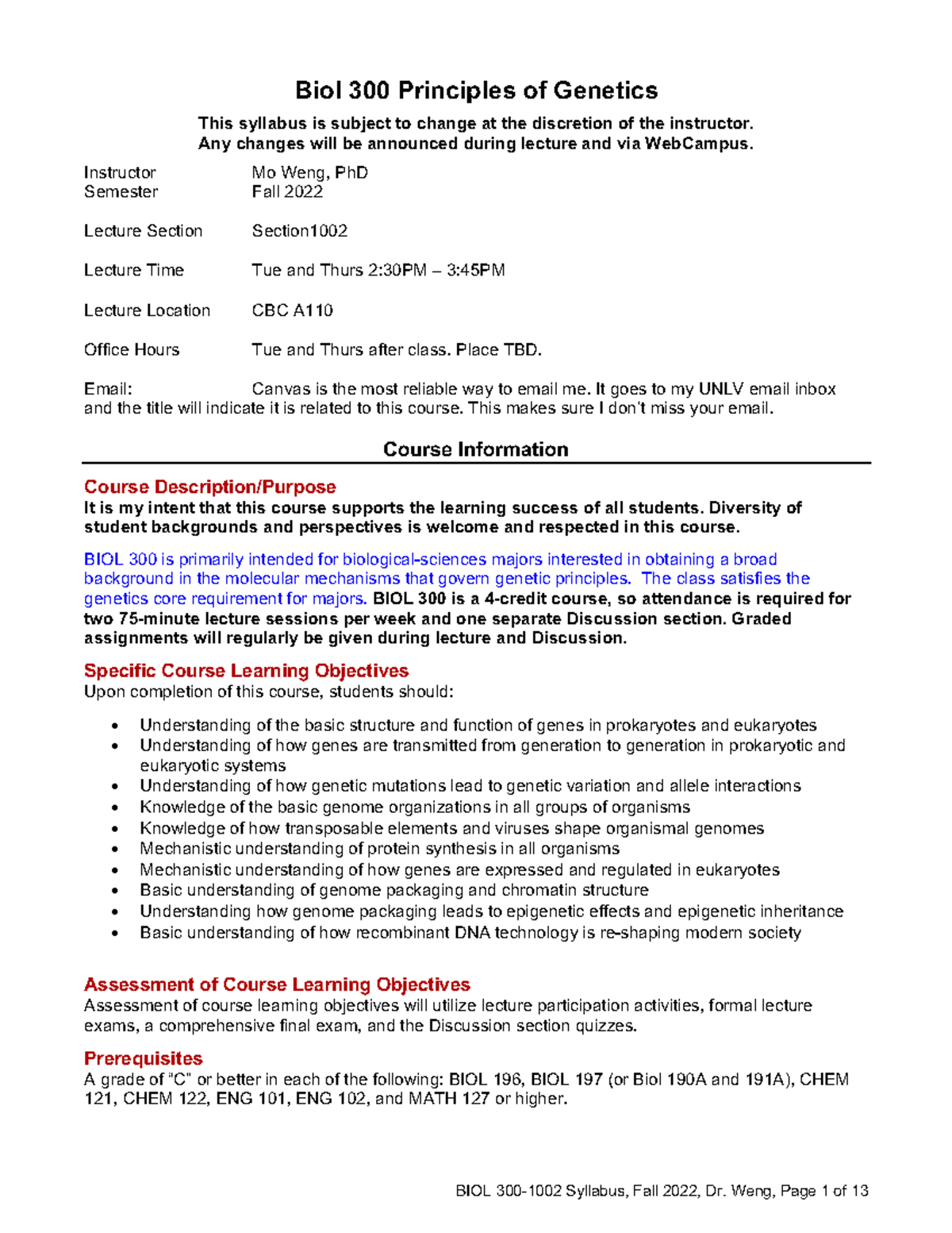 BIOL 300.1002 syllabus F22 - Biol 300 Principles of Genetics This ...