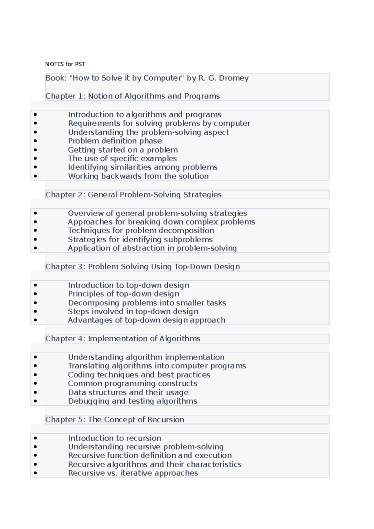 Notes for PST - NOTES for PST Book: "How to Solve it by Computer" by R ...