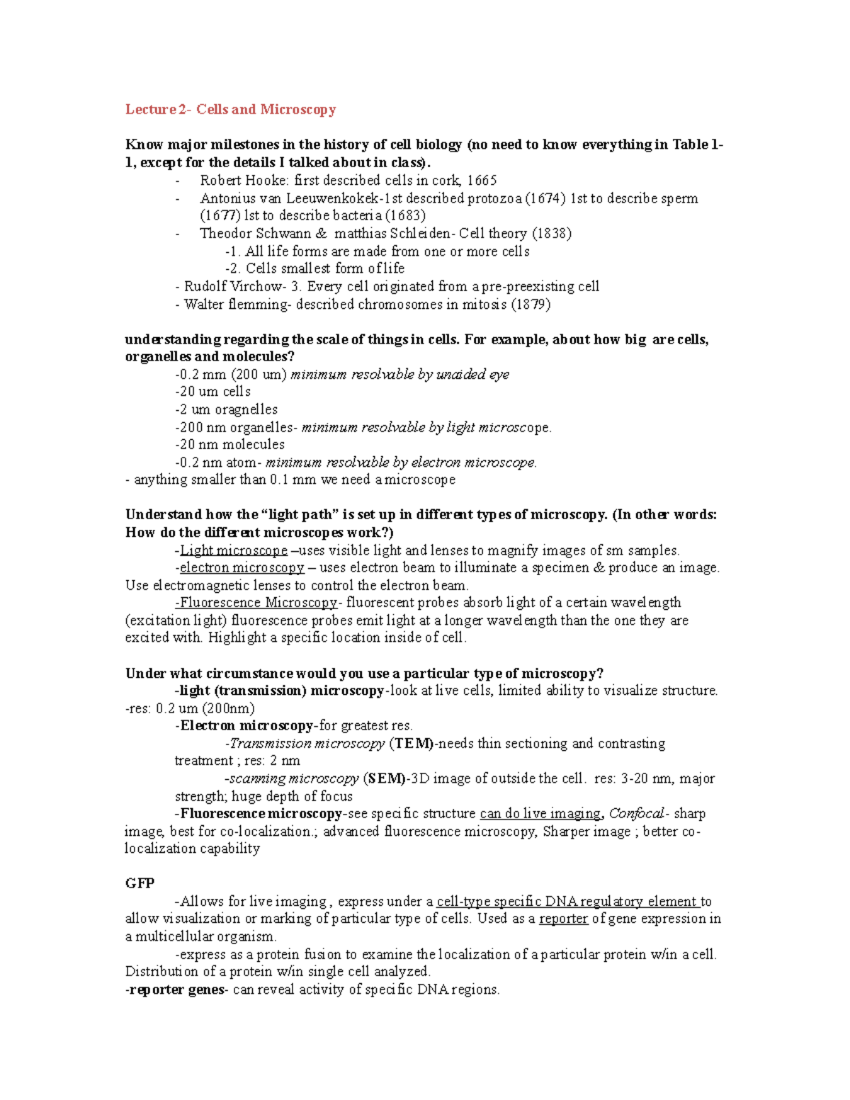 Cell Exam 1 study guide - Lecture 2- Cells and Microscopy Know major milestones in the history ...