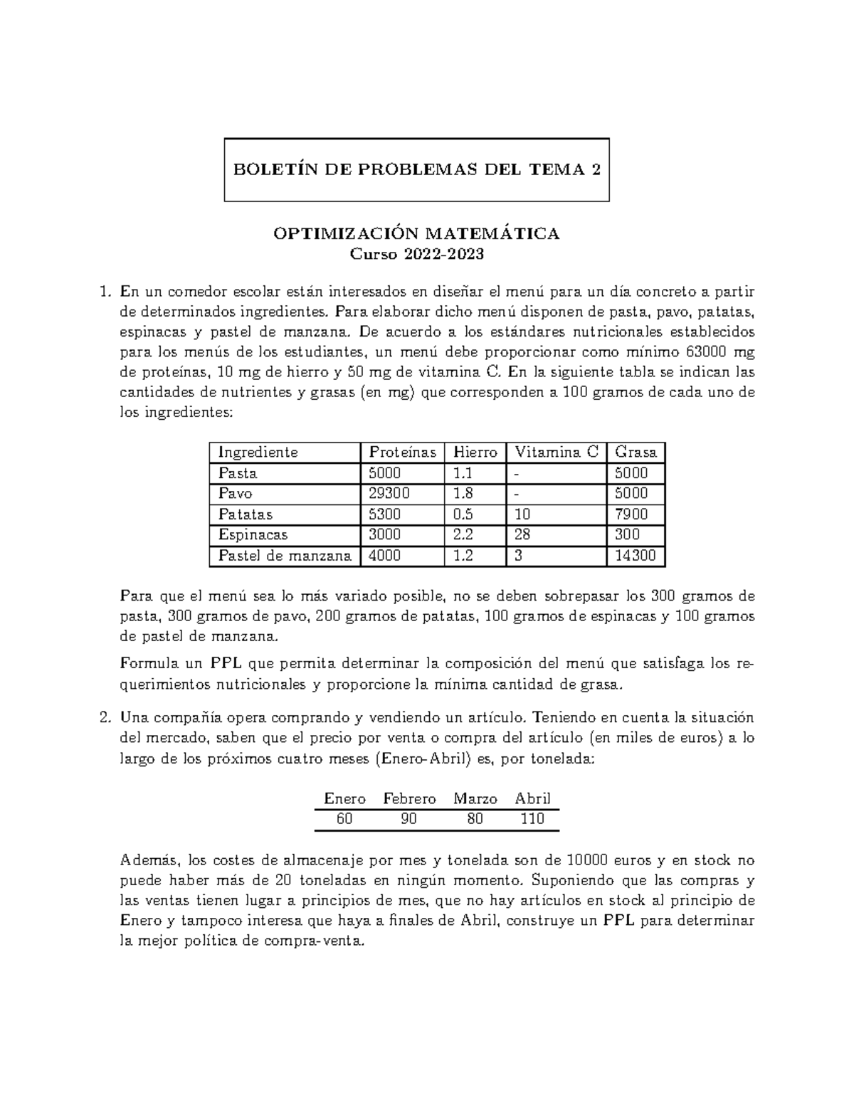 Boletin tema2 - Optimizacion - BOLET ́IN DE PROBLEMAS DEL TEMA 2 OPTIMIZACI ́ON MATEM ́ATICA ...