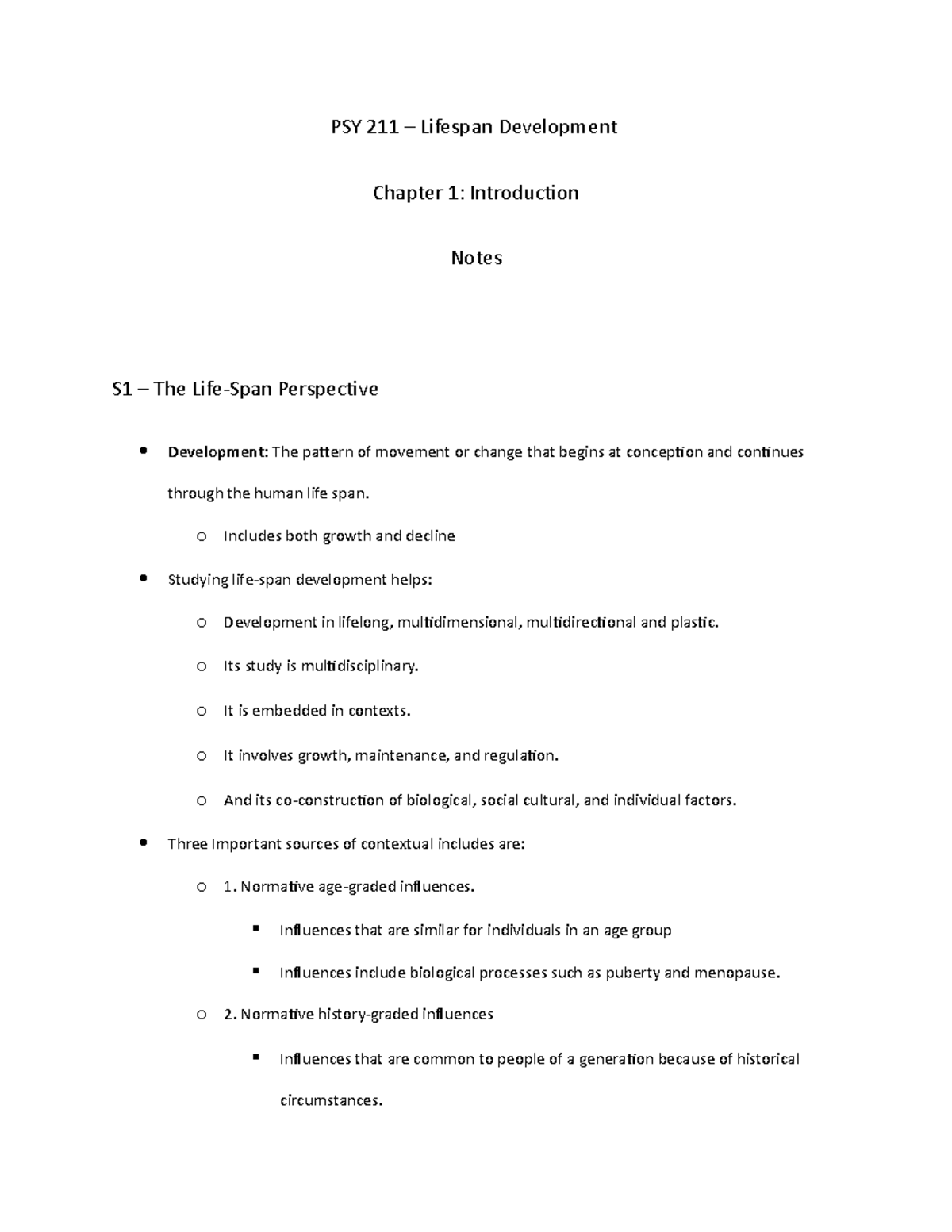 Chapter 1 notes - PSY 211 – Lifespan Development Chapter 1 ...