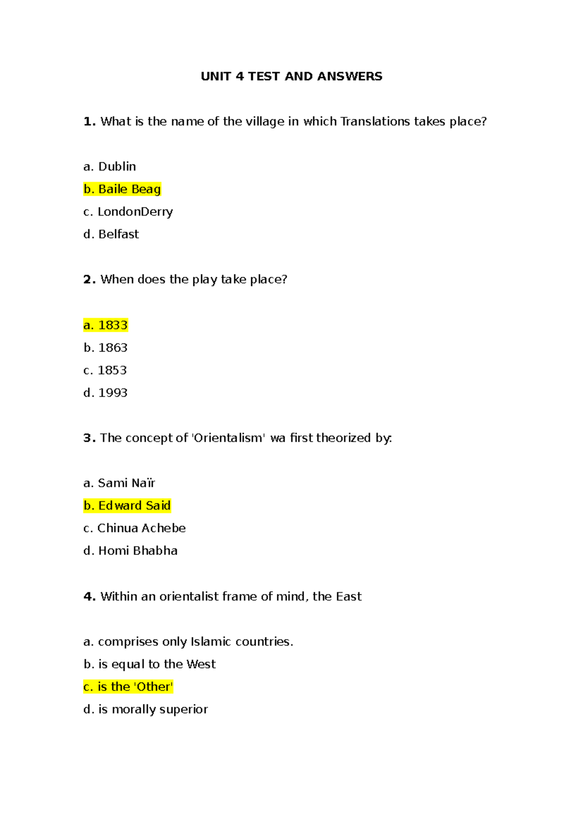 UNIT 4 TEST AND Answers - Preguntas y Respuestas del Tema 4 - UNIT 4 ...