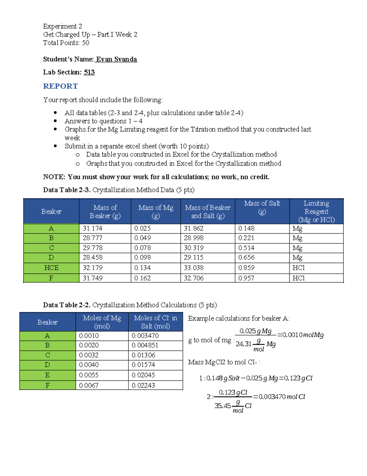 Exp. 2 - Get Charged Up Part 1 - week 2- Evan Svanda - Experiment 2 Get ...