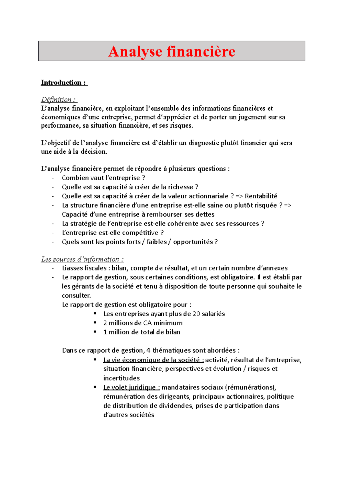 Analyse financière - Analyse financière Introduction : Définition : L ...