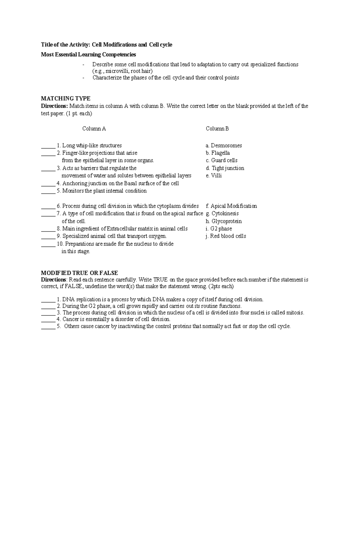 Week 3 General Biology 1 - Title of the Activity: Cell Modifications ...