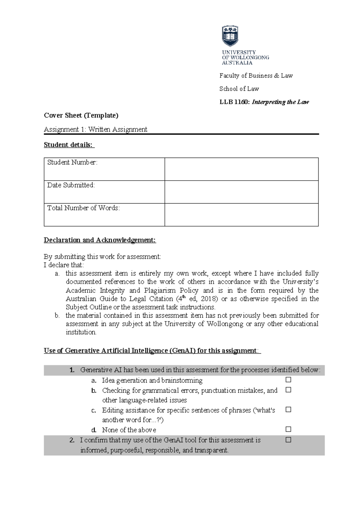 Assignment 2024 Cover Template - Faculty of Business & Law School of ...