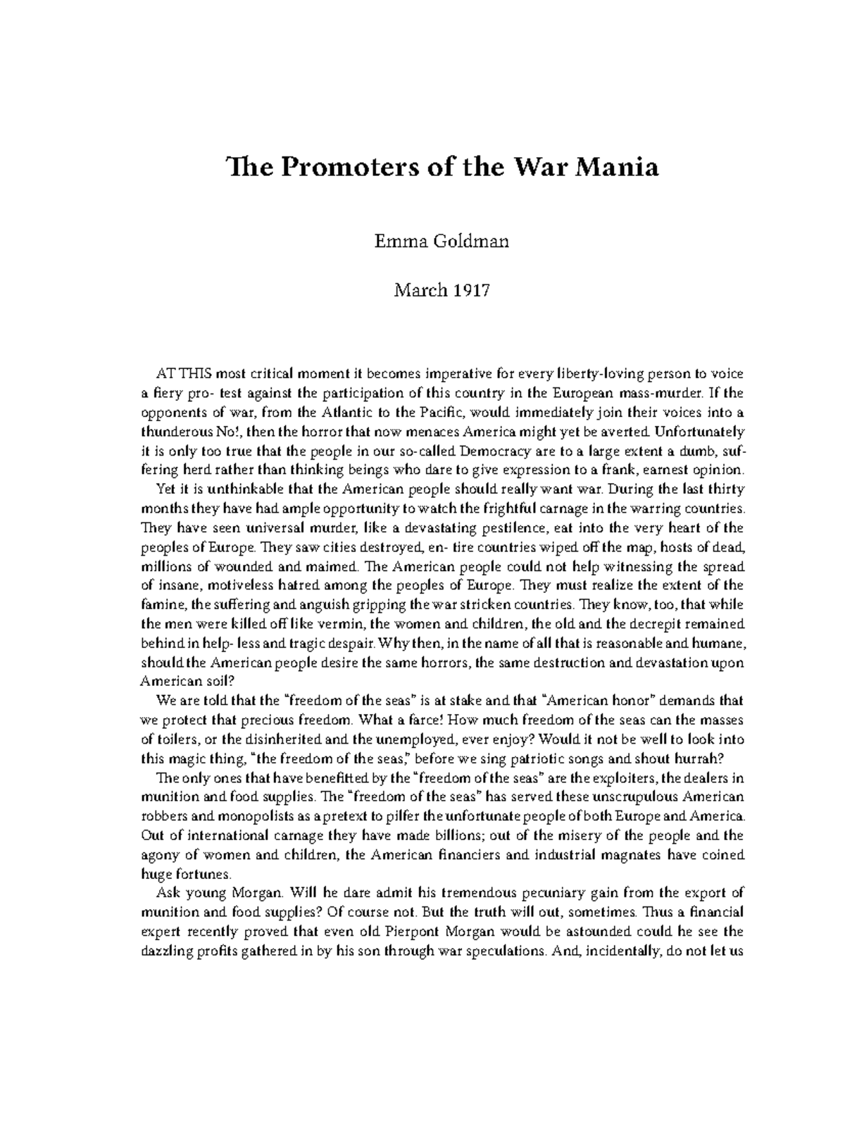 Emma goldman the promoters of the war mania - The Promoters of the War ...