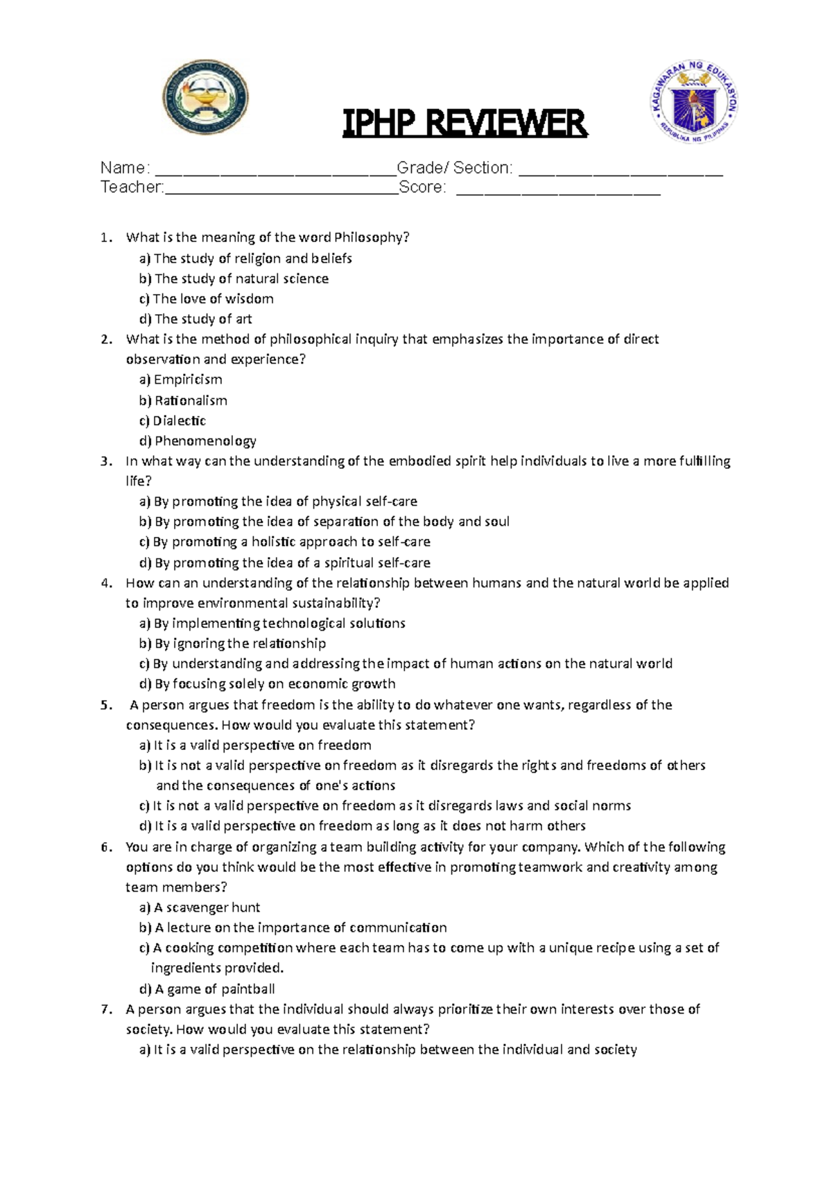 Philosophy NAT Reviewer 2 - IPHP REVIEWER Name ...