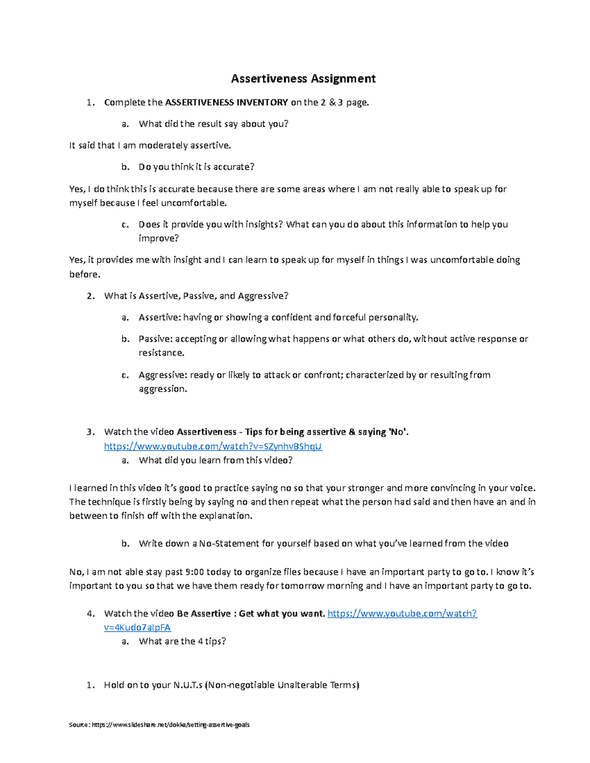 20 Assertiveness Assignment Assertiveness Assignment Complete The