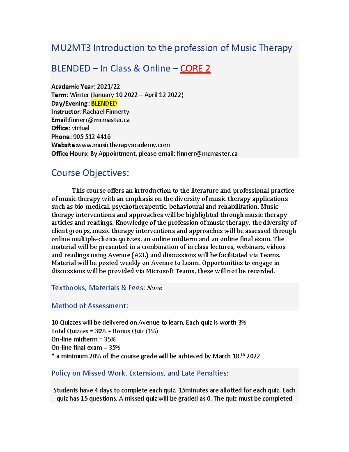 Course Outline 2MT3 Winter 2022 Blended - Music 2Mt3 - McMaster - Studocu