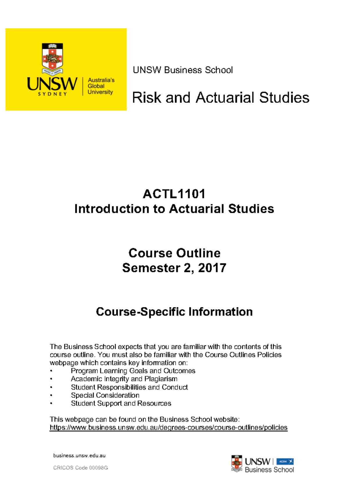 ACTL1101 Course Outline - business.unsw.edu CRICOS Code 00098G ACTL ...