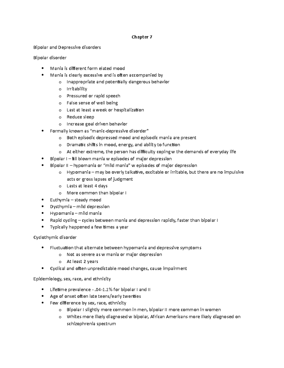 Chapter 7 - Lecture notes cht 7 - Chapter 7 Bipolar and Depressive ...
