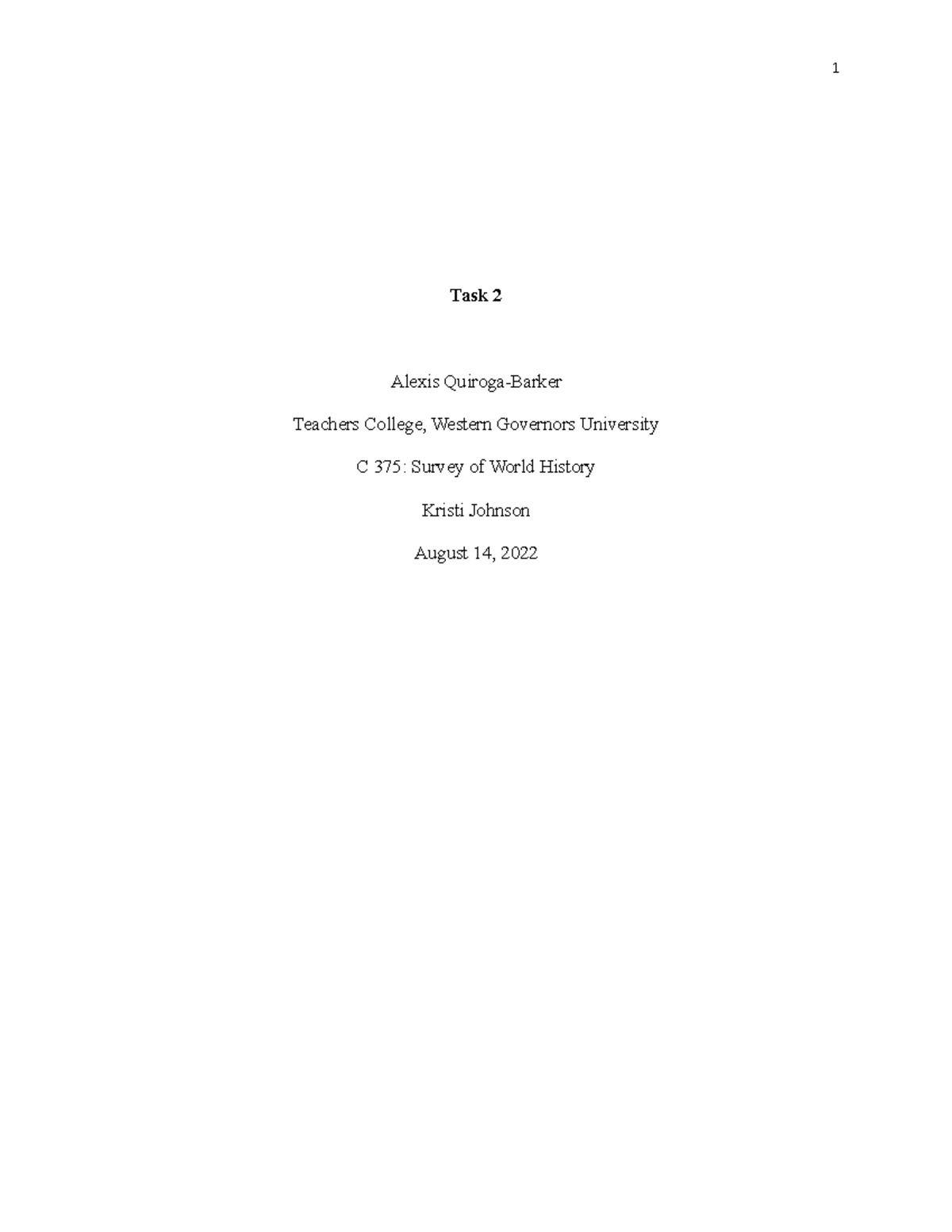C375- Survey of world history- Task 2- Passed the first attempt - Task ...