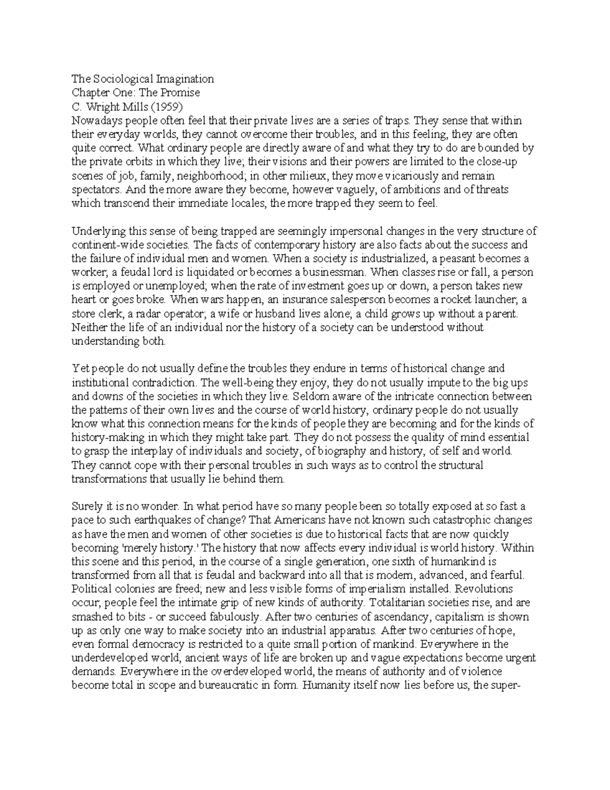 C Wright Mills - The Promise Module 3 DOC - The Sociological Imagination Chapter One: The ...