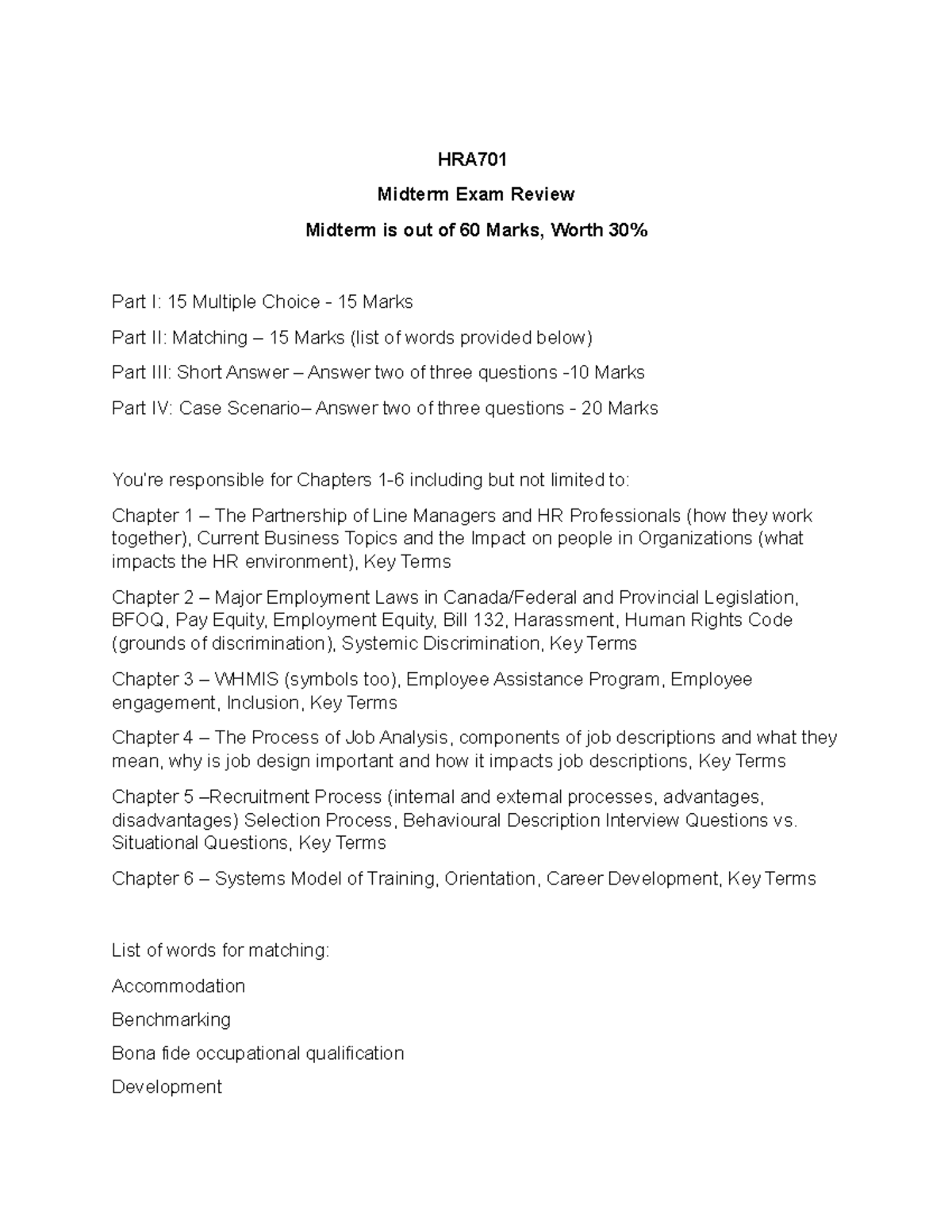 HRA701 Midterm Review - HRA Midterm Exam Review Midterm is out of 60 Marks, Worth 30% Part I: 15 ...
