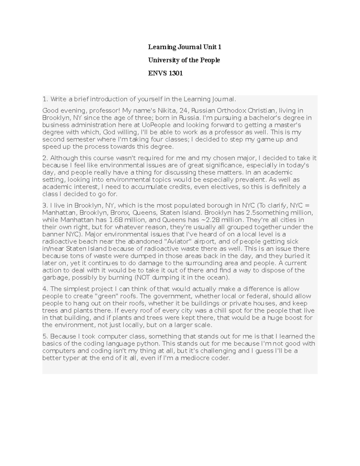 ENVS 1301 Learning Journal Unit 1 - Learning Journal Unit 1 University ...