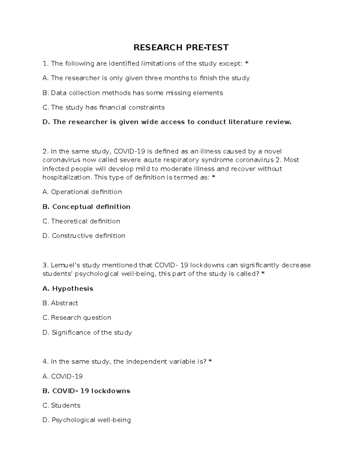 Research PRE-TEST - QUIZ - RESEARCH PRE-TEST The following are ...