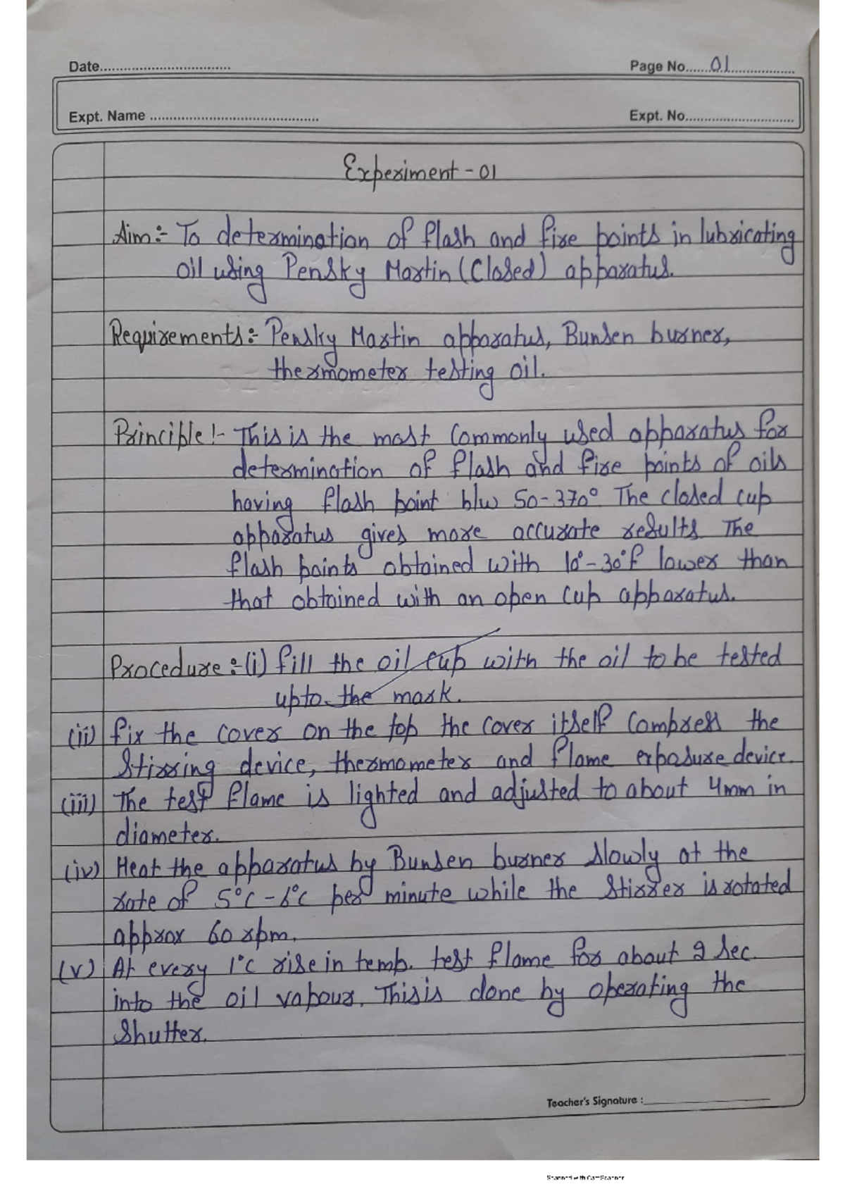 ESE Practical File - Date Page No 01 Expt. Name Expt. No 01 To determination of flash and fire ...