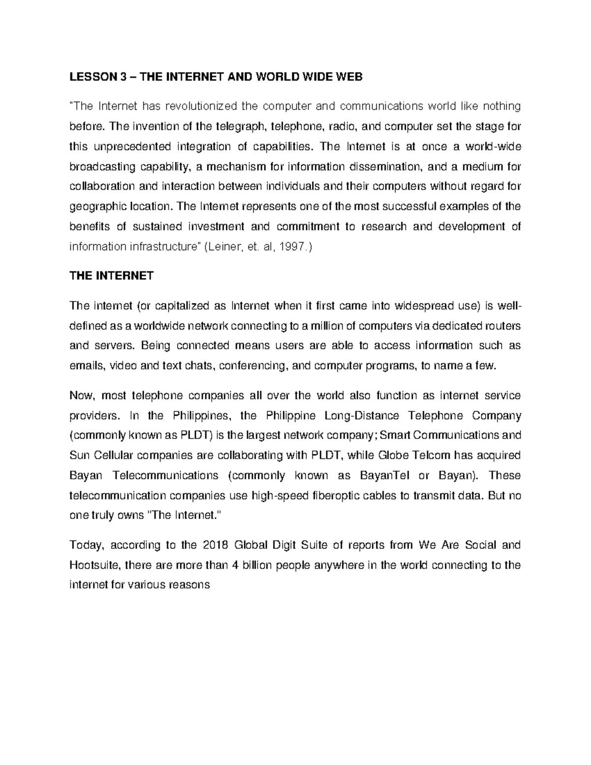 The Internet and World Wide Web - LESSON 3 – THE INTERNET AND WORLD ...