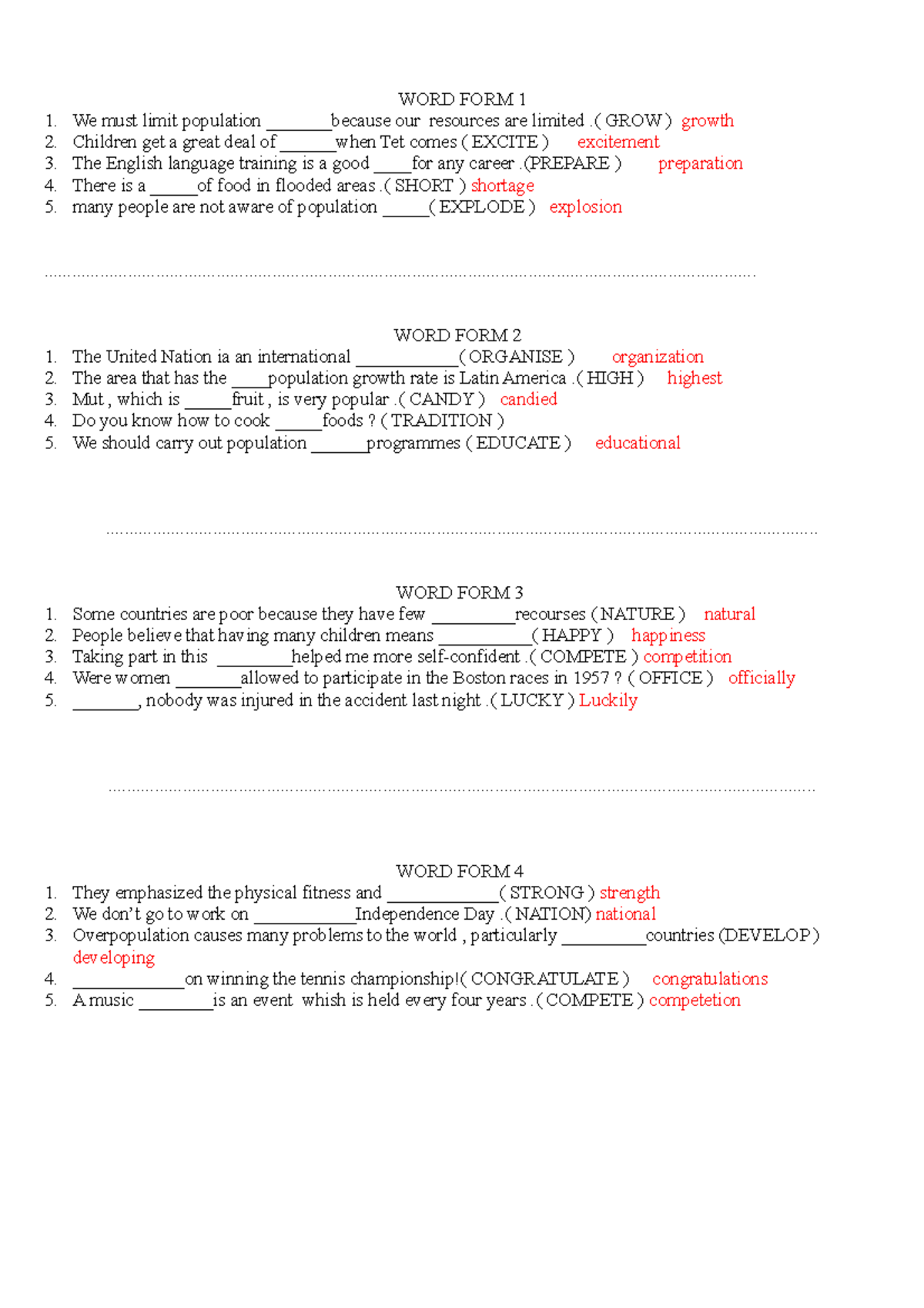 Bài tập từ gia đình (Word form) - WORD FORM 1 We must limit population ...