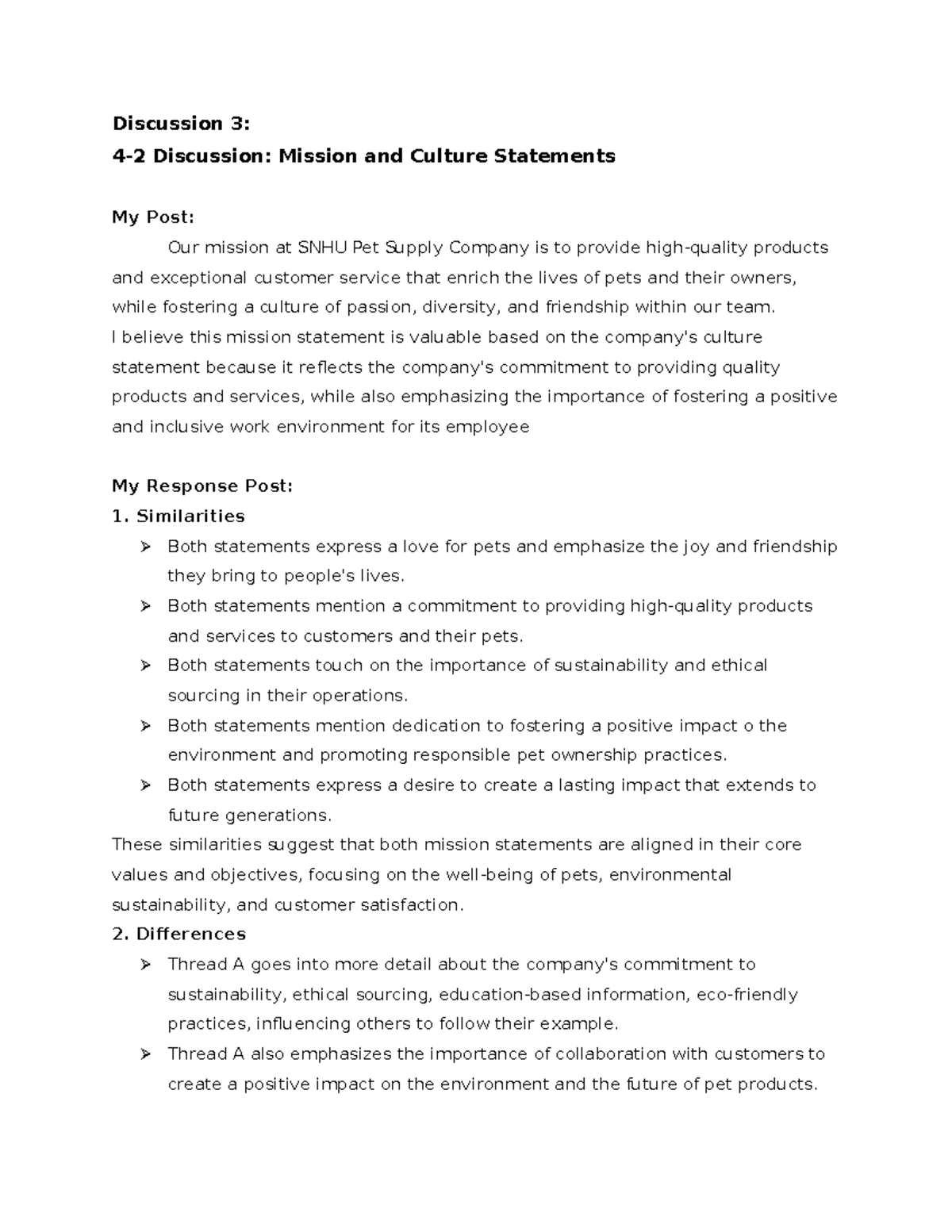 4-2 Discussion - Mission and Culture Statements - Discussion 3: 4-2 ...