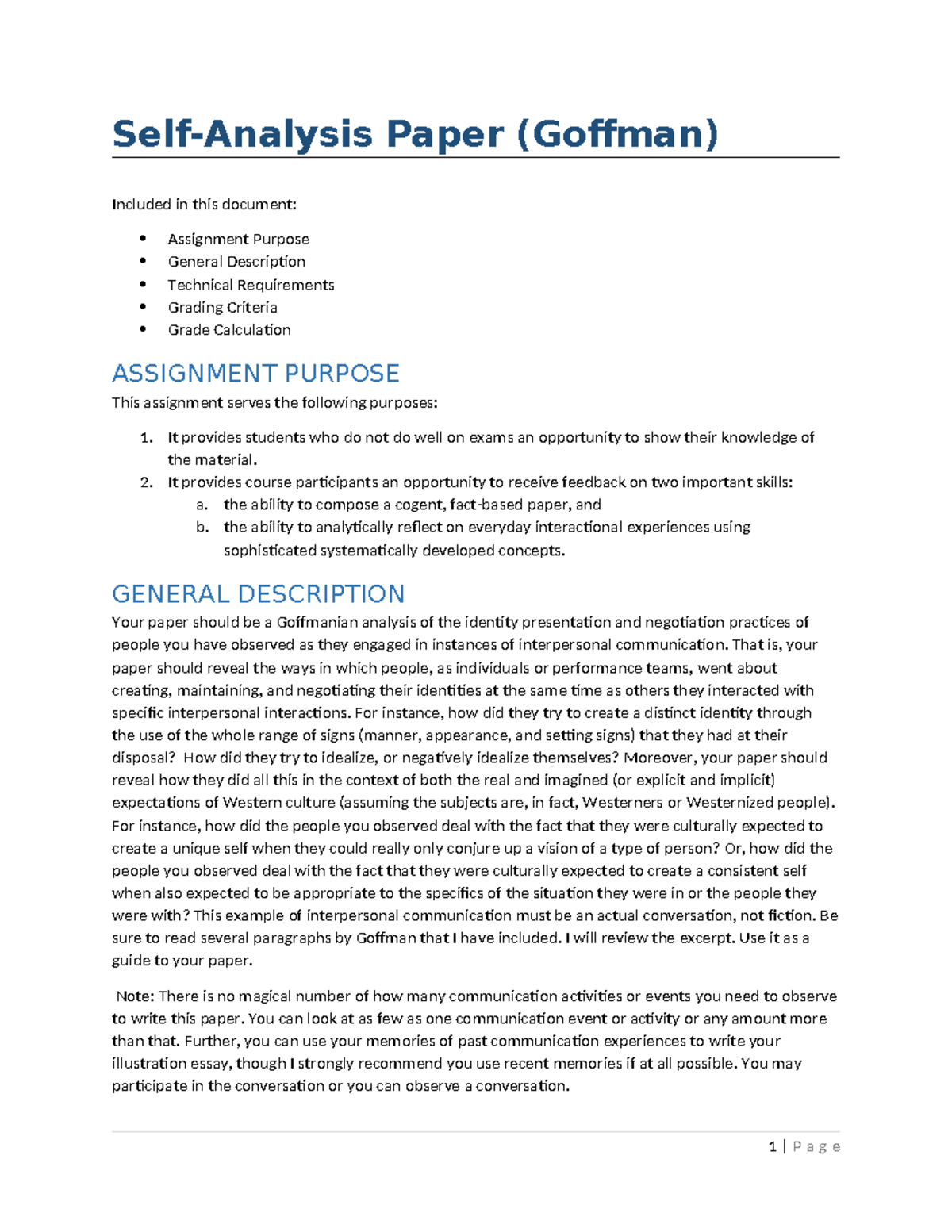 Zoulas IPC Self-Analysis Goffman paper directions grading - Self ...