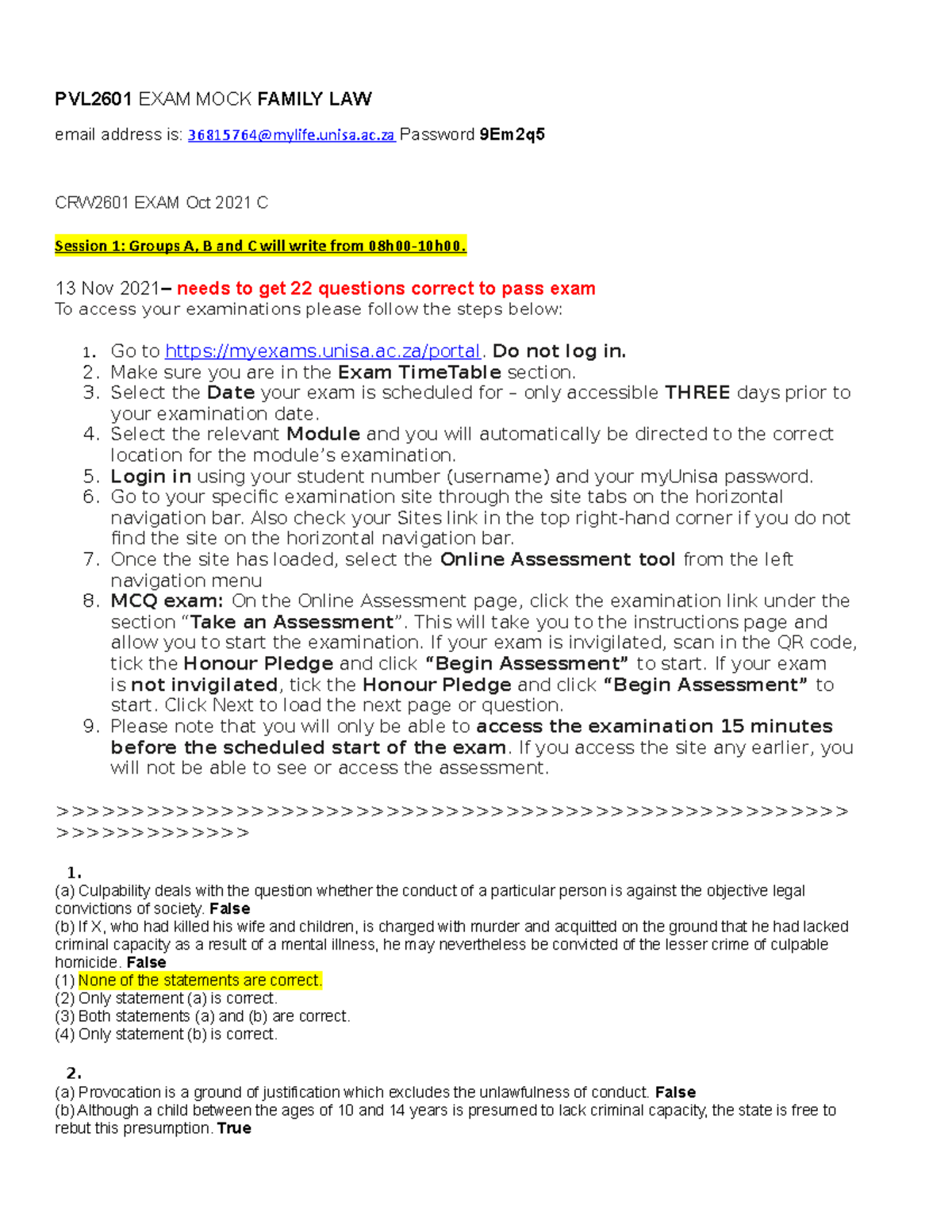 Mock Exam CRW2601- 2021 - CRW2601 - Unisa - Studocu