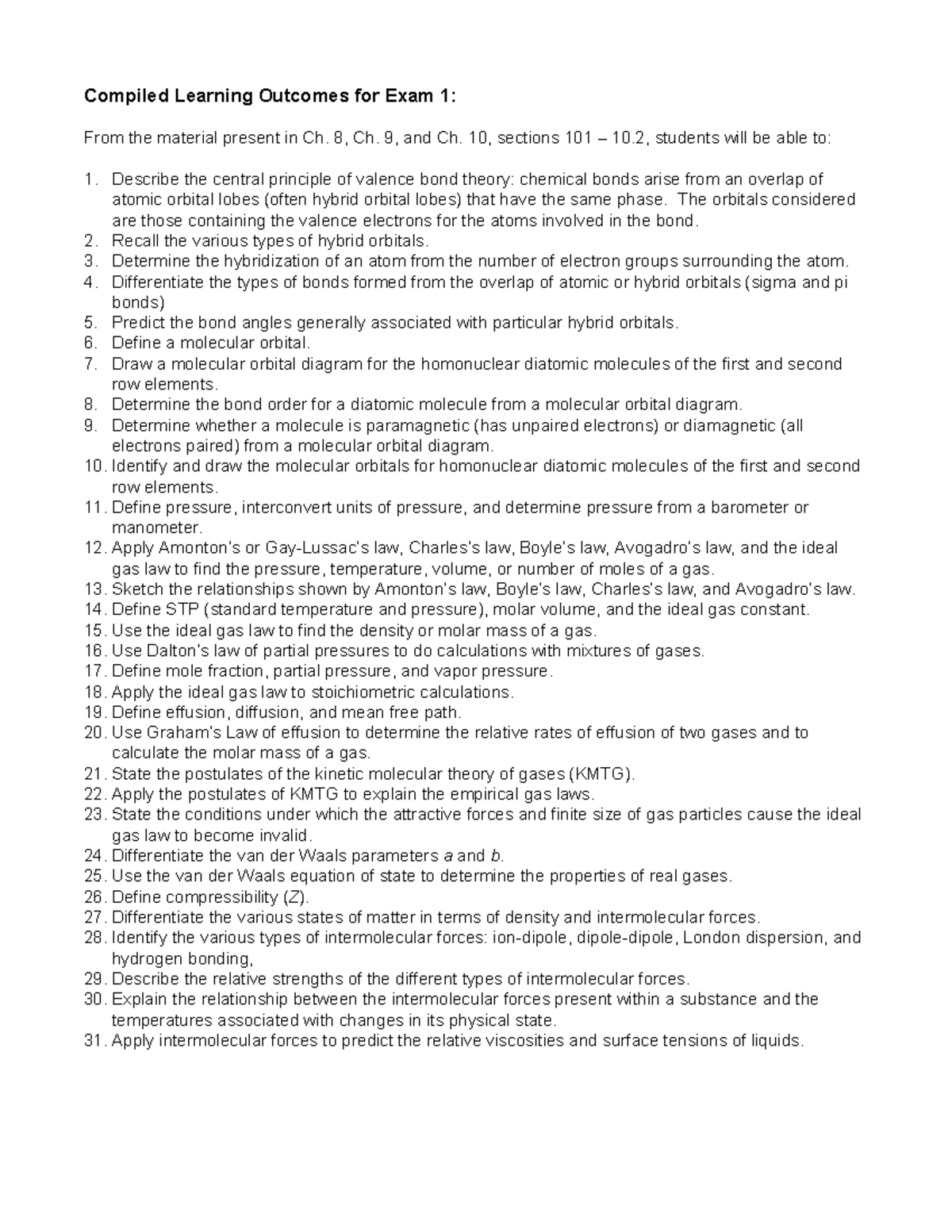 CHE 132 WQ22 Exam 1 Compiled Learning Outcomes 2 - Compiled Learning Outcomes for Exam 1: From ...