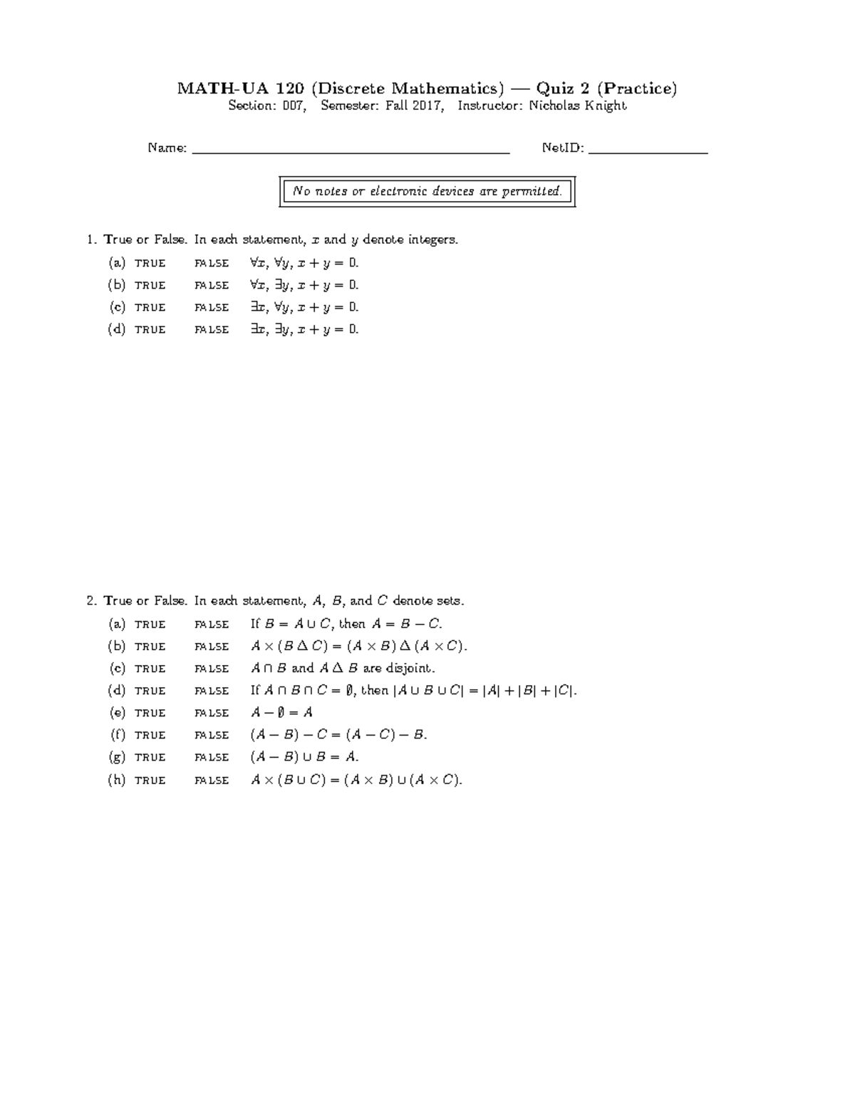 Practice Quiz 2 - MATH-UA 120 (Discrete Mathematics) — Quiz 2 (Practice ...
