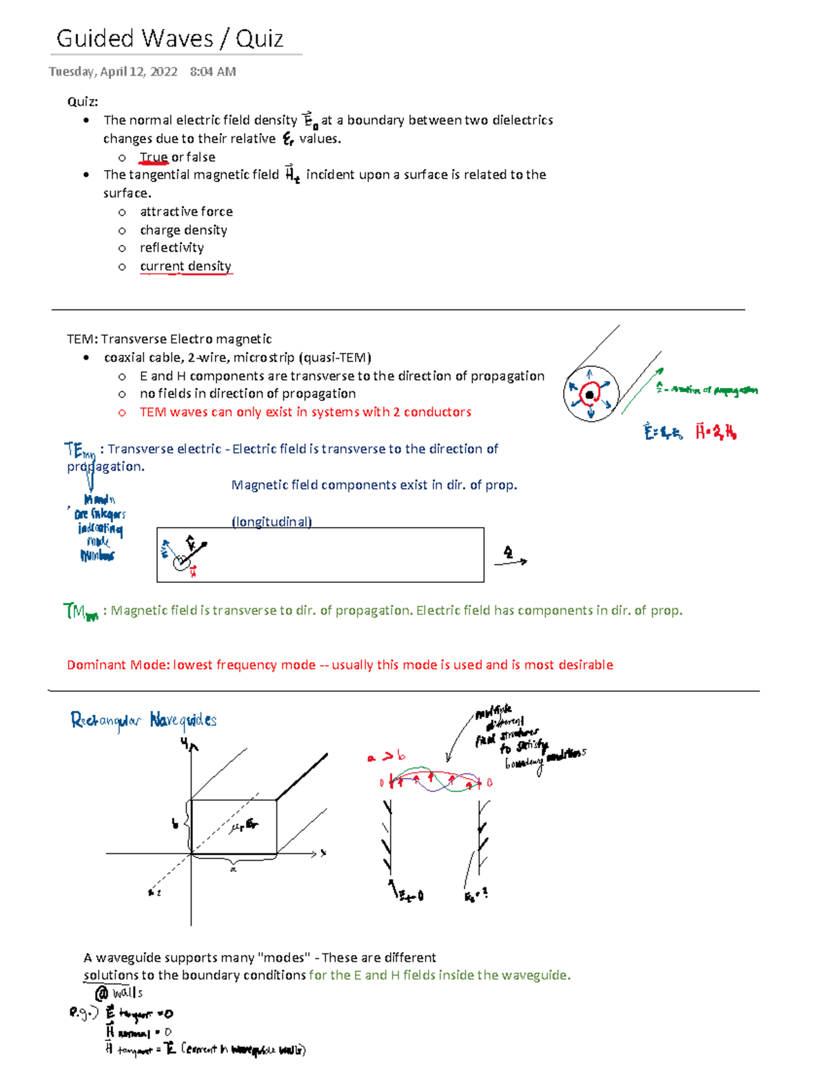 Guided-waves - Dr. Bosshard - ESET 355 - Guided Waves / Quiz Tuesday, April 12, 2022 8:04 AM ...