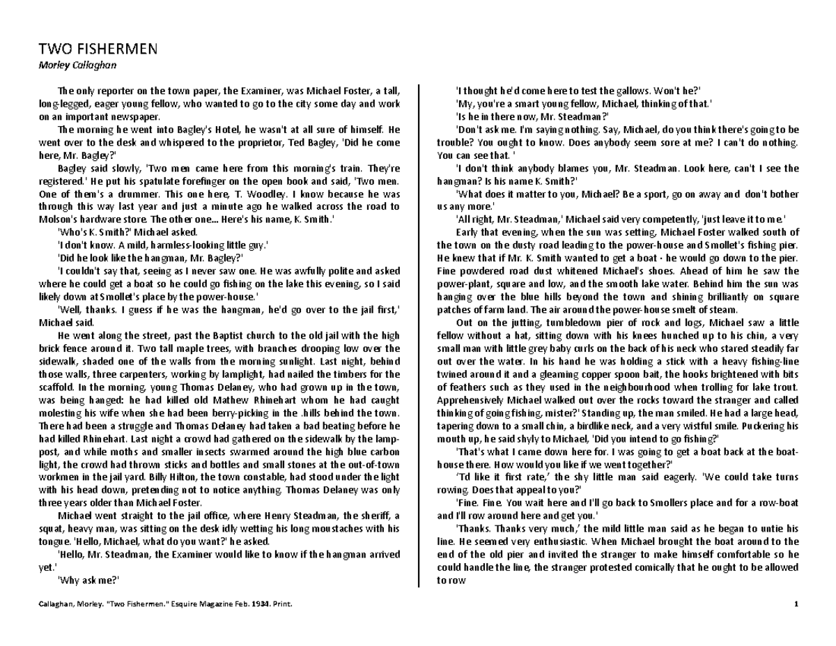 Two Fishermen etext - adw - Morley Callaghan The only reporter on the ...