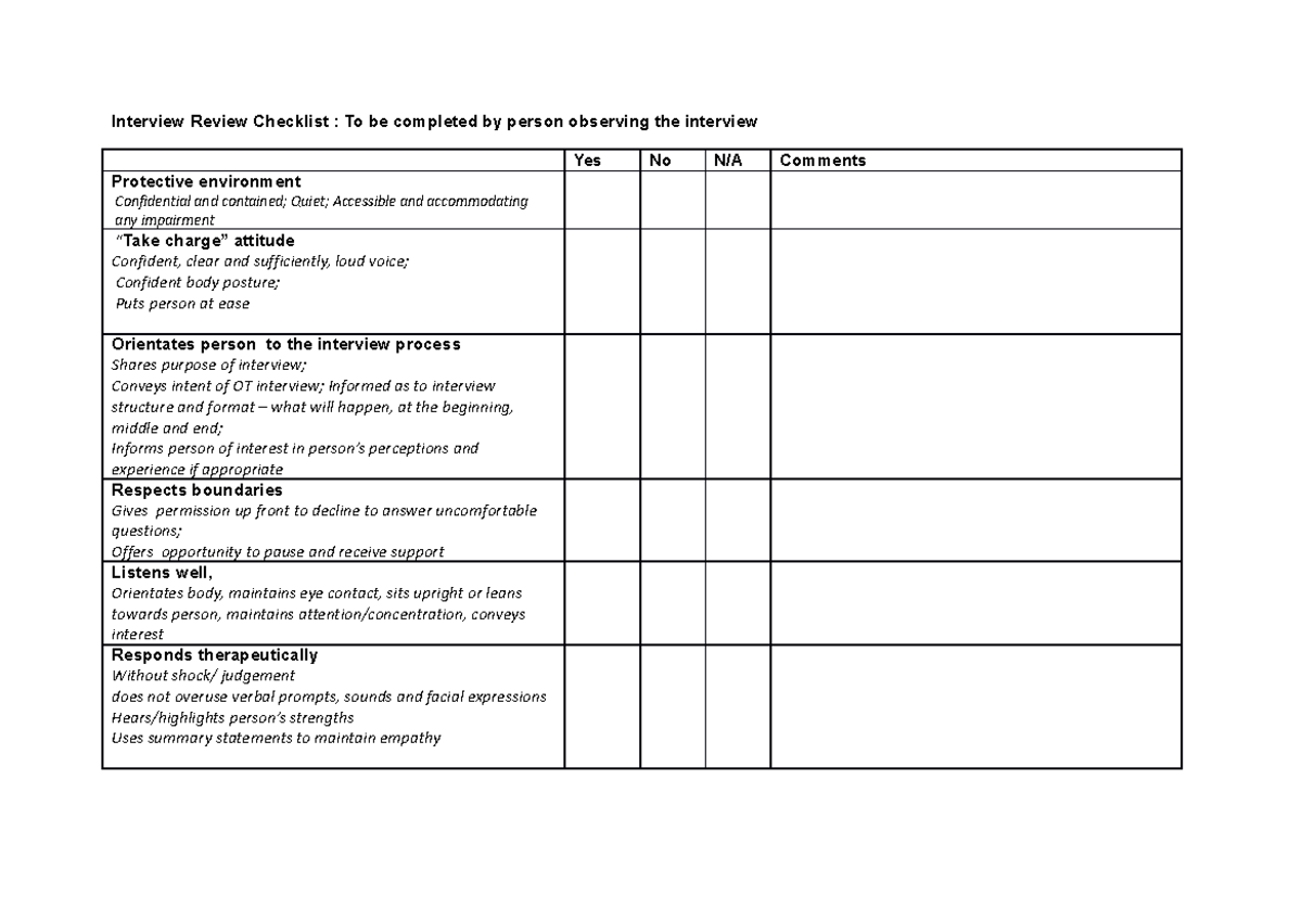 Interview Review Checklist observer - Interview Review Checklist : To ...