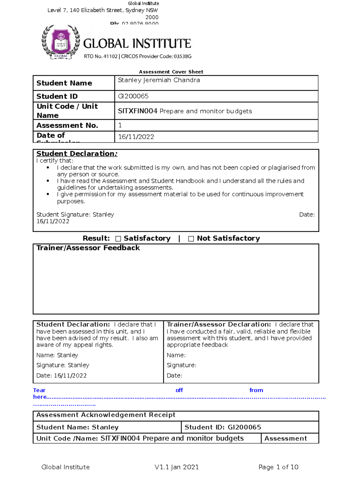 Sitxfin 004 Assessment task 1 - Global Institute Level 7, 140 Elizabeth Street, Sydney NSW 2000 ...