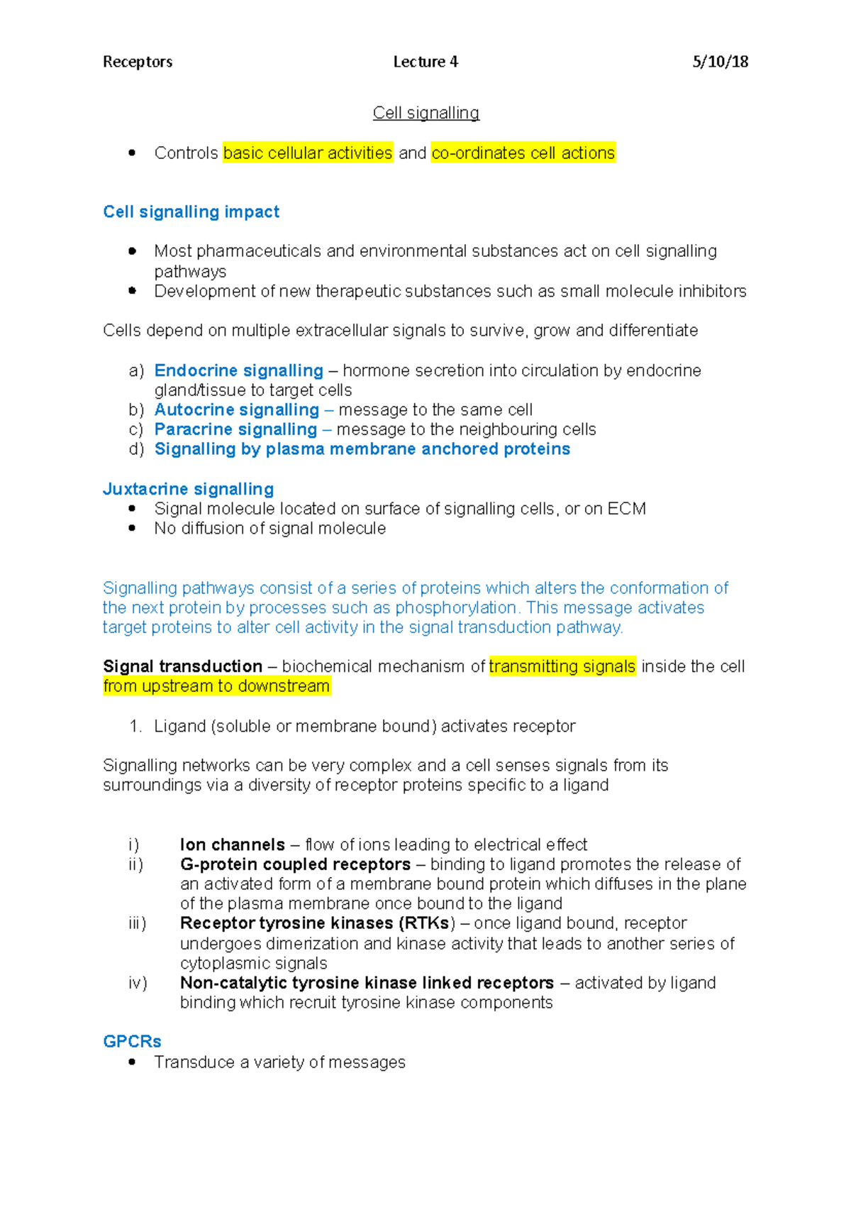 L4 - Cell signalling - Lecture notes 4 - Receptors Lecture 4 5/10/18 ...