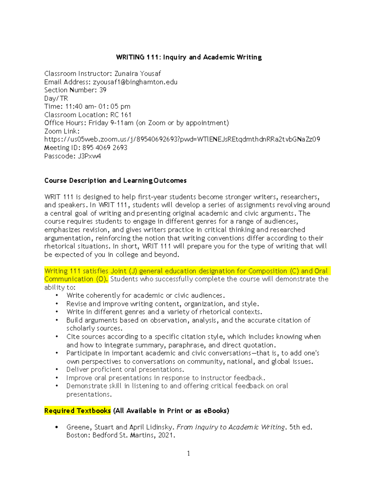 WRIT 111 Syllabus Spring 2023 - WRITING 111: Inquiry and Academic ...