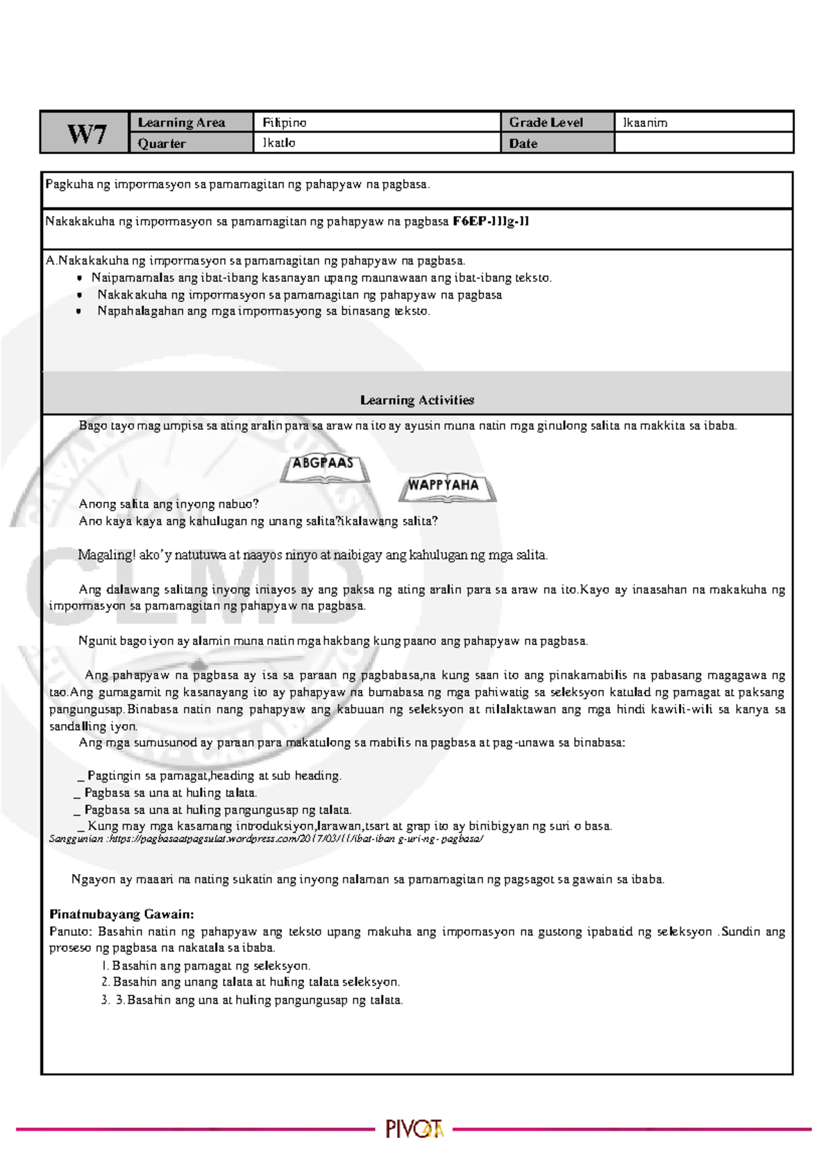 Ilide - creative - W Learning Area Filipino Grade Level Ikaanim Quarter ...