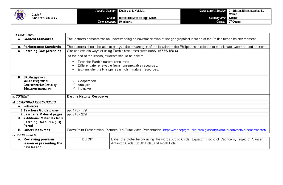 Earths Natural Resources day 1 - Grade 7 DAILY LESSON PLAN Galileo ...