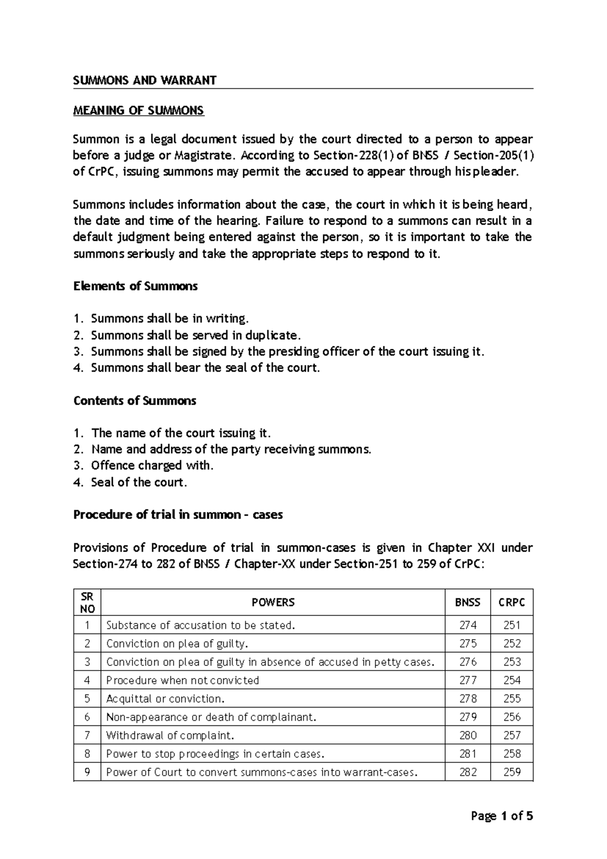 U.1 - Warrant & Summons - SUMMONS AND WARRANT MEANING OF SUMMONS Summon ...