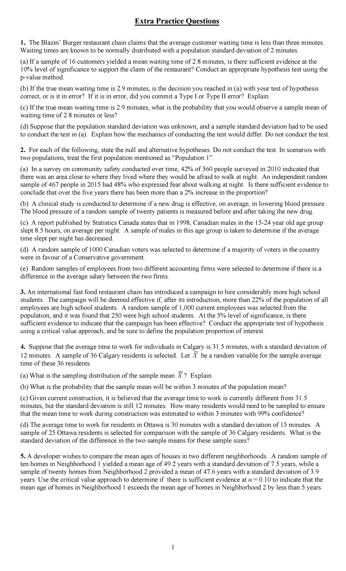 STAT 2507 Extra Practice Questions - 1 Extra Practice Questions The ...