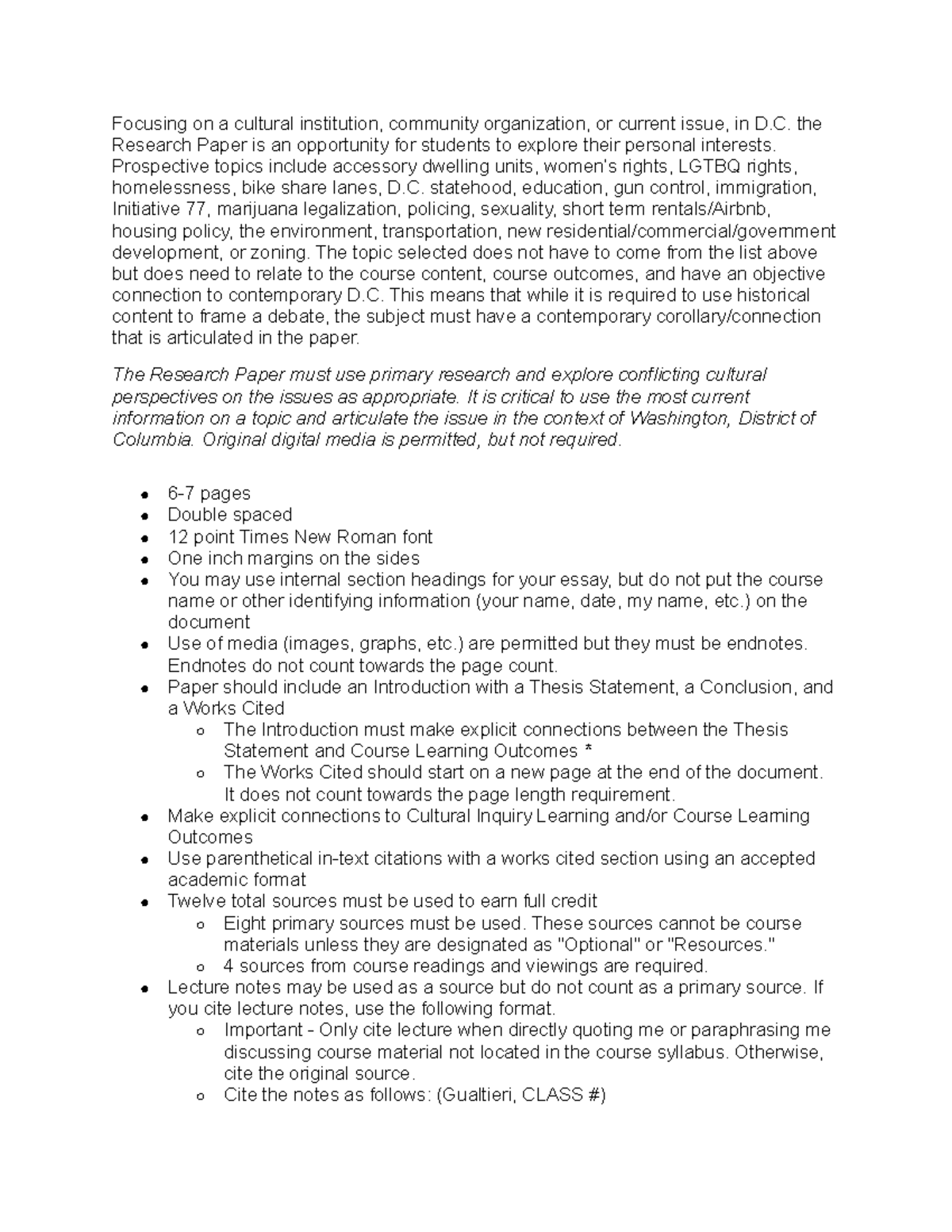 Research paper - Work done outside of class - Focusing on a cultural ...