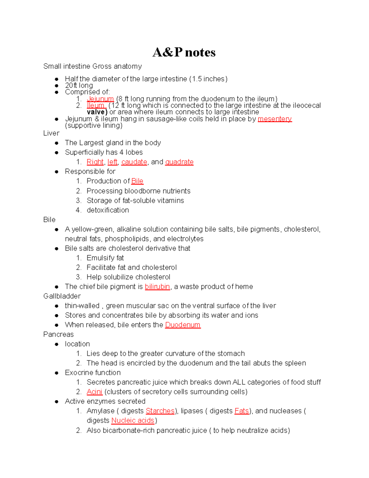 AP notes - A&P notes Small intestine Gross anatomy Half the diameter of ...
