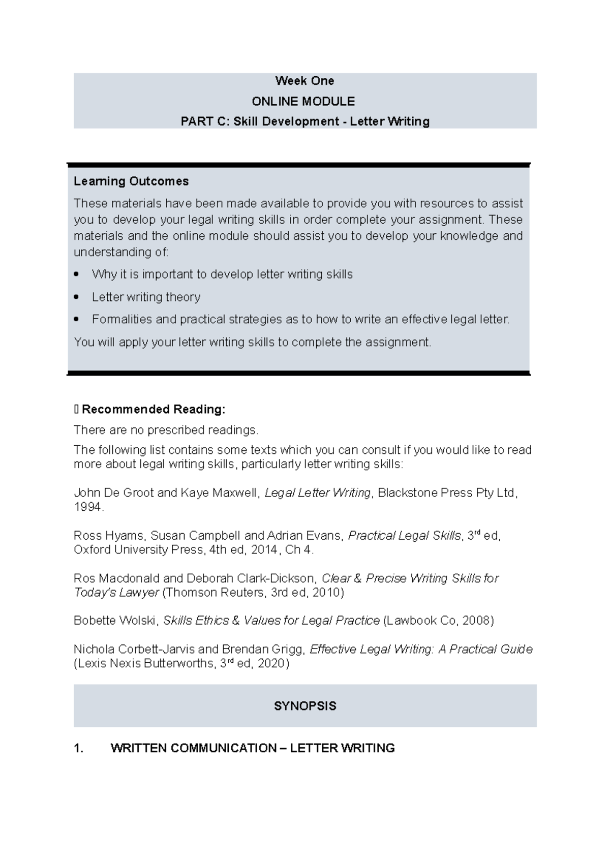 Online Letter Writing Module - Week One ONLINE MODULE PART C: Skill ...
