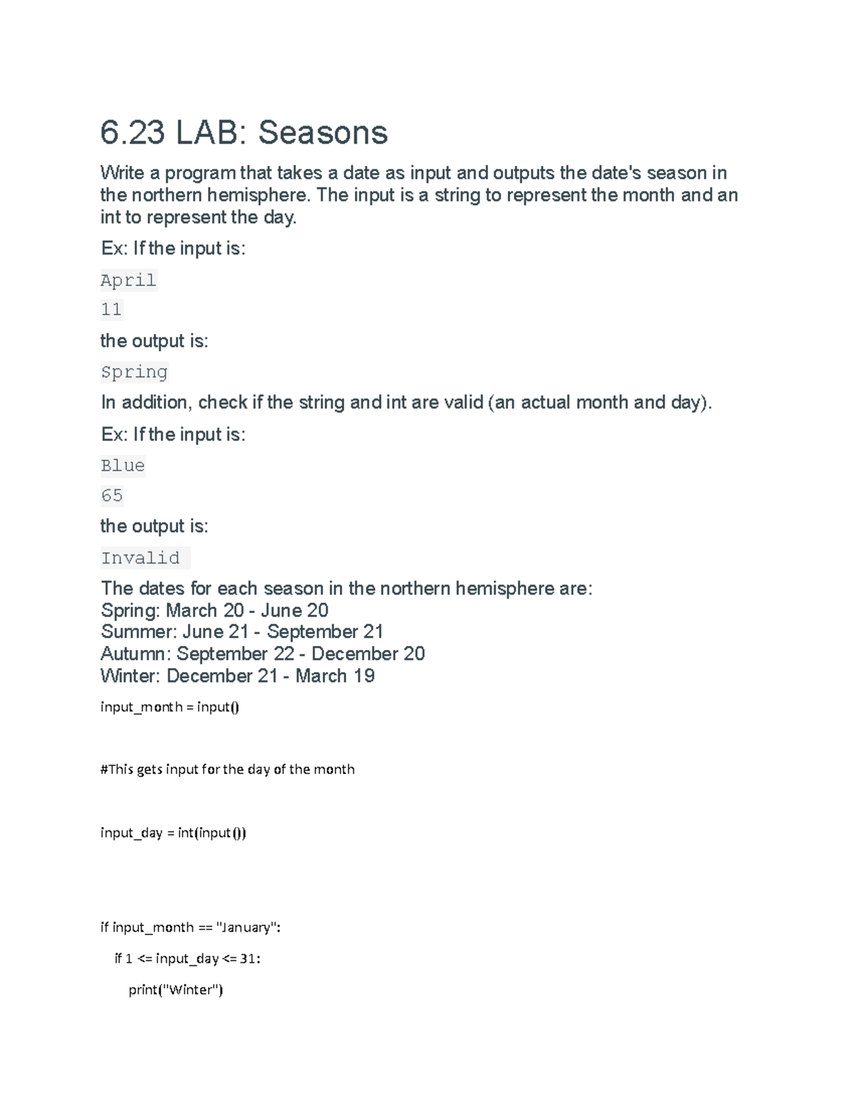 Section 6.23 is a part of 1 assignment - 6 LAB: Seasons Write a program ...