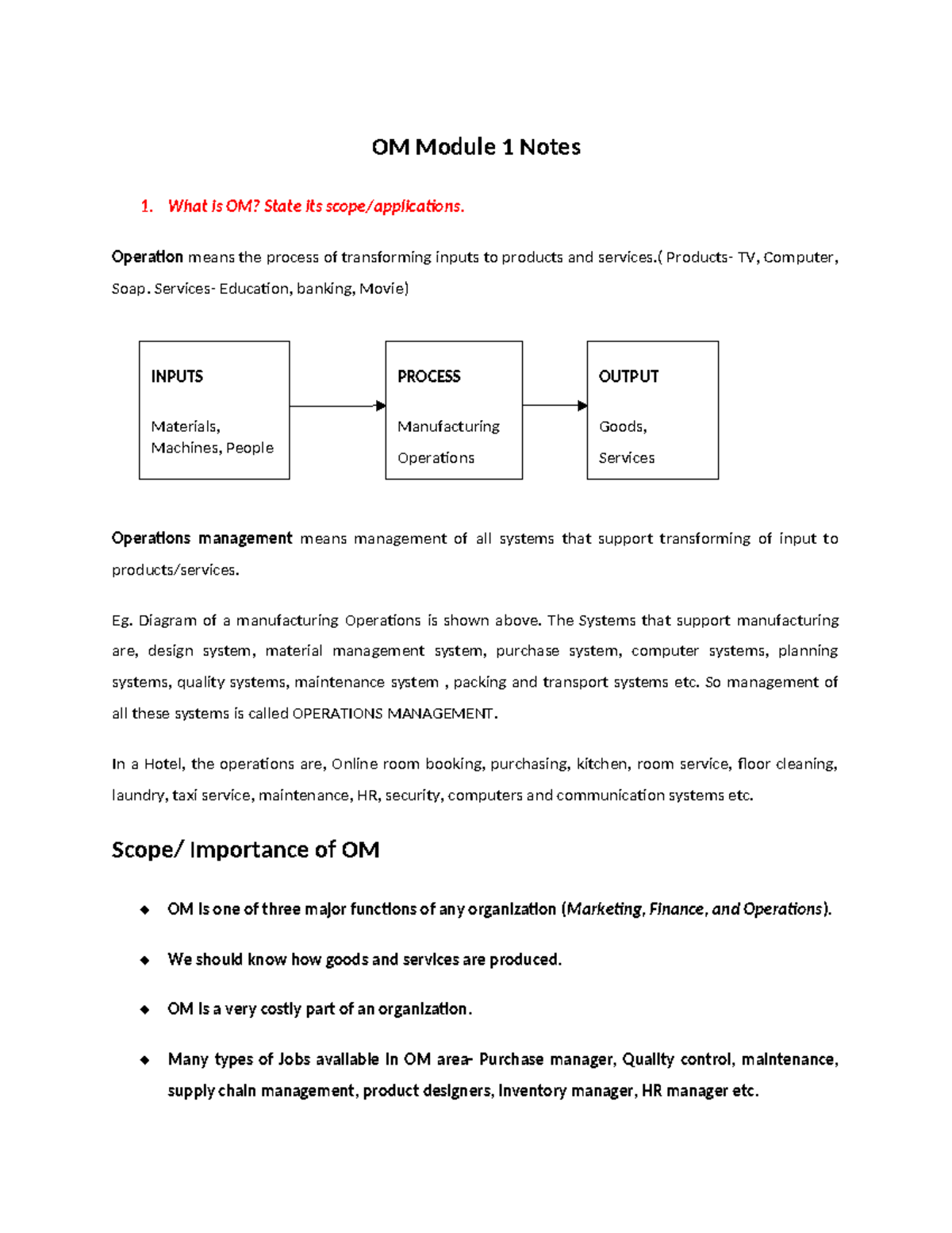 OM Module 1 Notes - OM Module 1 Notes What is OM? State its scope ...