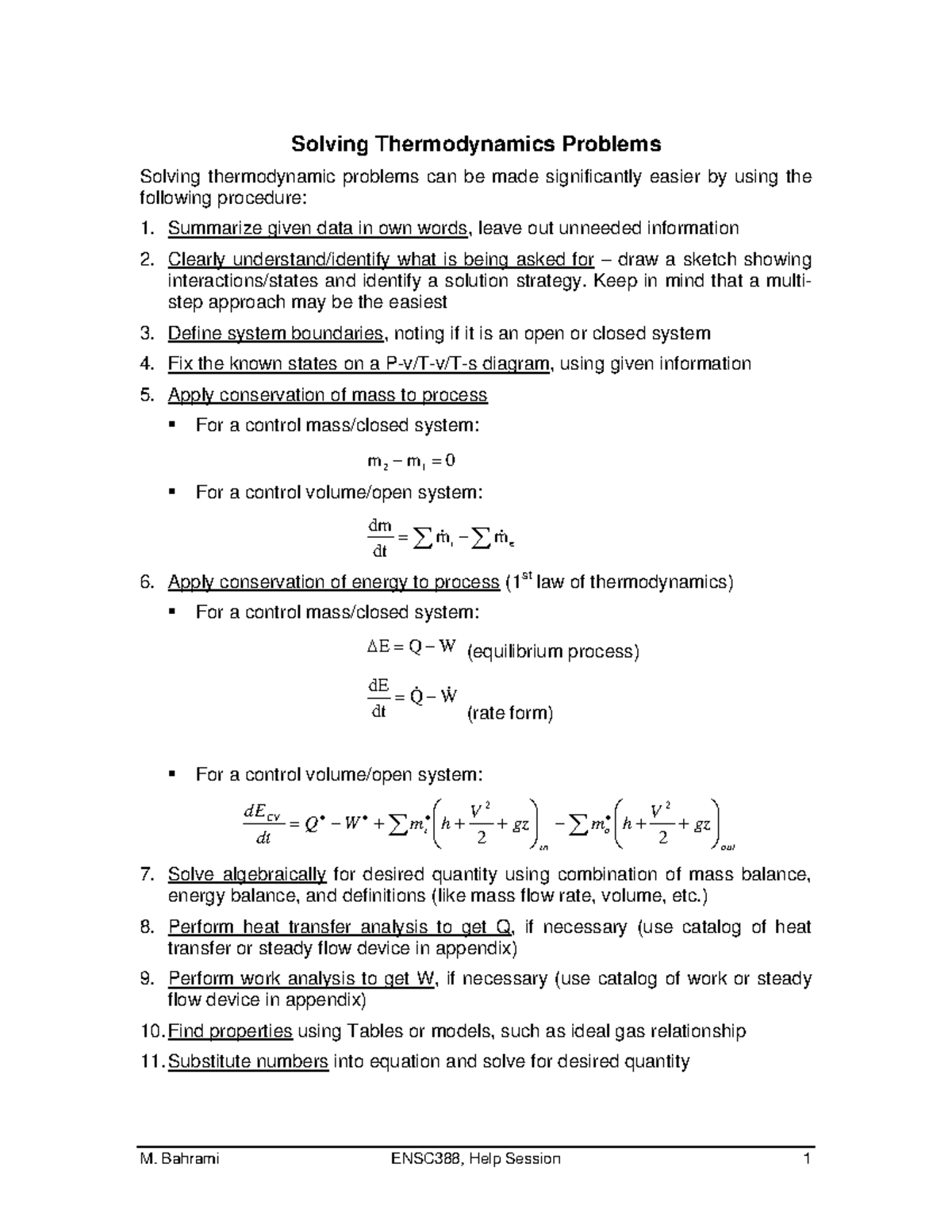 Solving Thermodynamics Problems - M. Bahrami ENSC388, Help Session 1 ...
