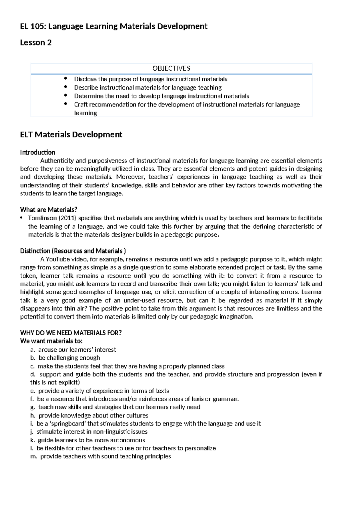 Concept Notes Lesson 2 ELT Materials Development - EL 105: Language ...